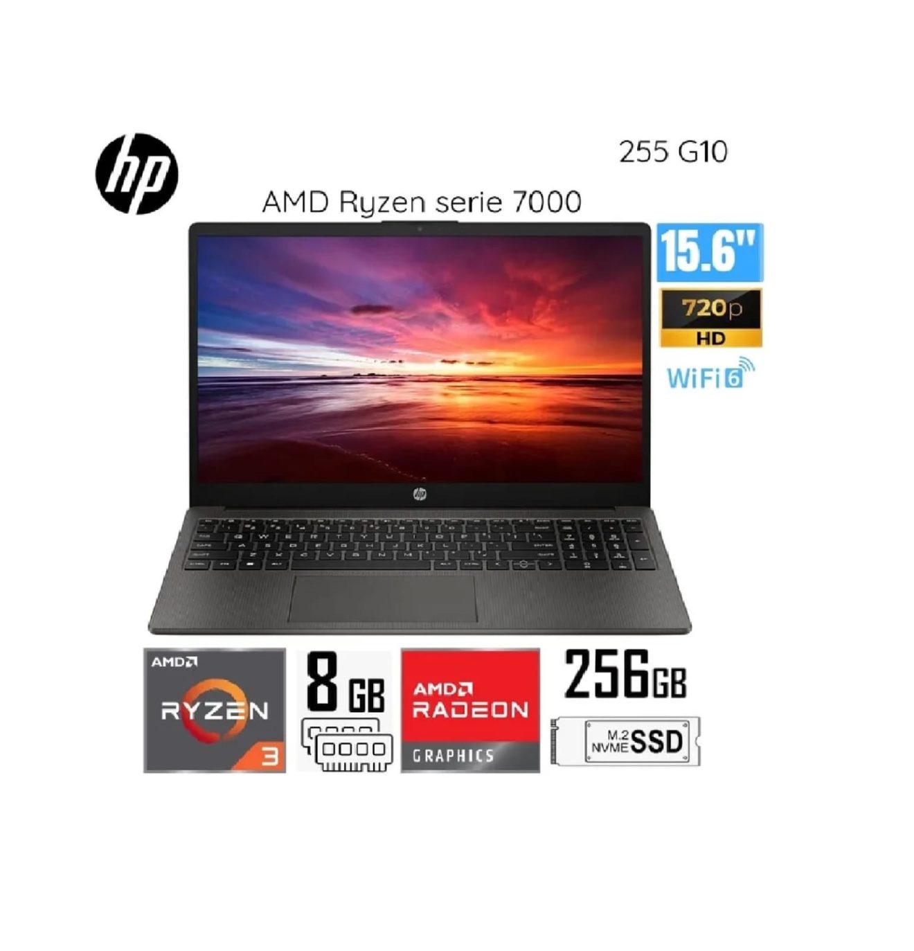 HP 255 G10, AMD Ryzen 3 7320U 2.4/4.1GHz, 8GB LPDDR5-5500 , 15.6″ LCD ...